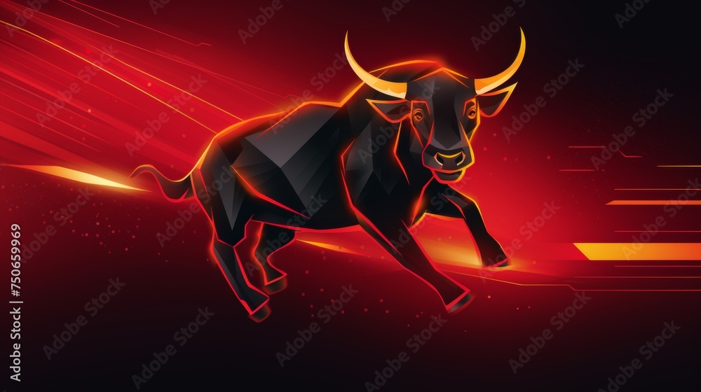 Flying happy fanny Red Bull animal halving concept, bullish run, fire ...