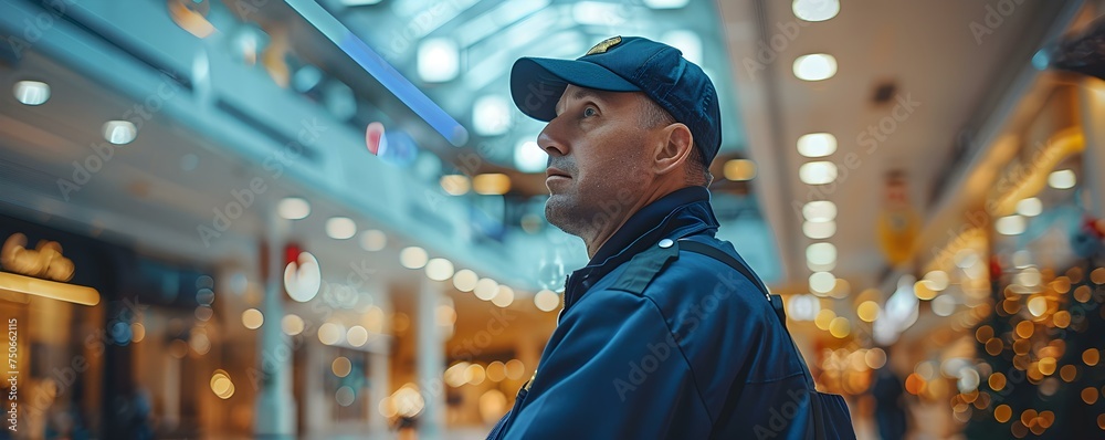 Vigilant Security Guard in Navy Blue Uniform Keeps Watchful Eye on Busy ...