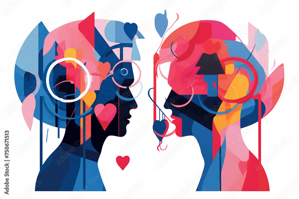 Eccentric couple with hearts in expressionist, abstract and ...