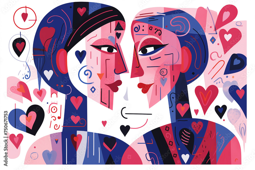 Nonconformist couple with hearts in expressionist, abstract and ...