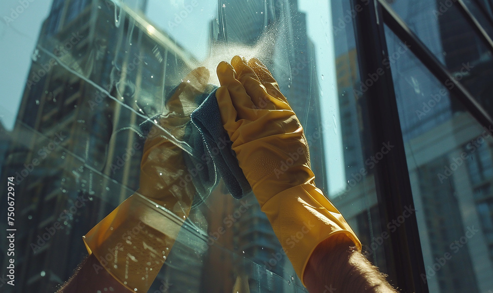 Building glass cleaner cleaning worker hands in closed gloves, cleaning ...