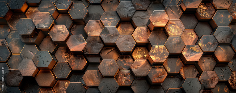 Copper Hexagonal Tiles with Textured Surfaces. 3D rendered image of copper hexagonal tiles with ...