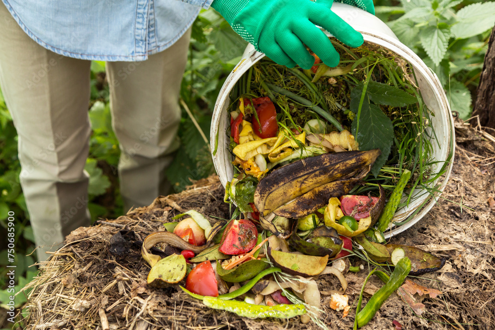 Compost heap pile with bio waste. Farmer gardener hands put vegetable ...