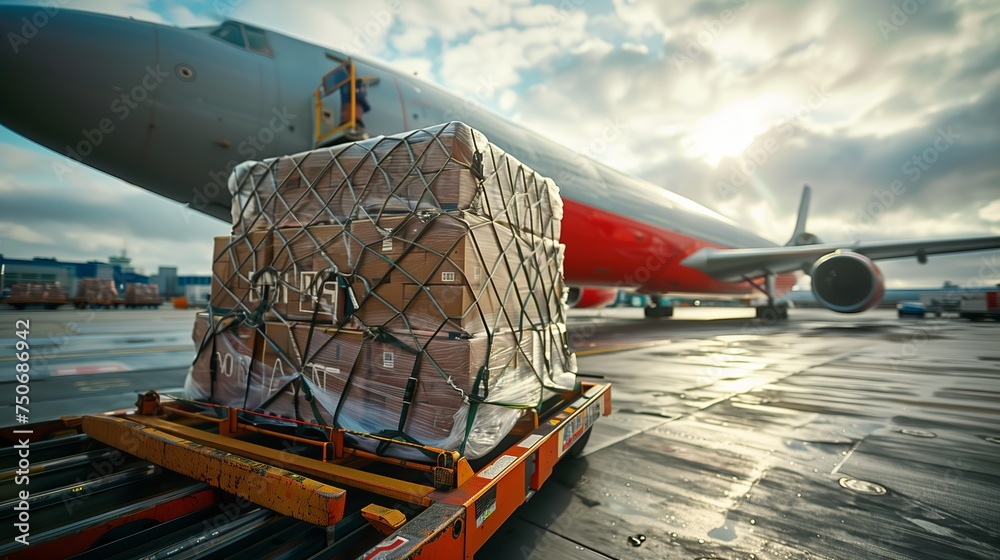 Air cargo pallets wrapped in nets, ready to be loaded onto an aircraft ...
