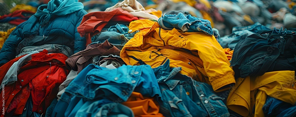 The title: "Fast fashion waste represented by a pile of clothes in a ...