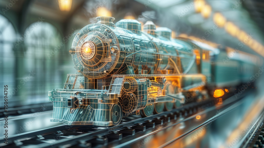 vintage steam train blue wireframe blue prints, old train wireframe ...