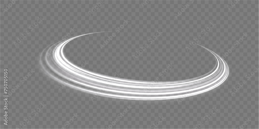 Luminous white lines of speed. Twist white line. Light trail wave, fire ...