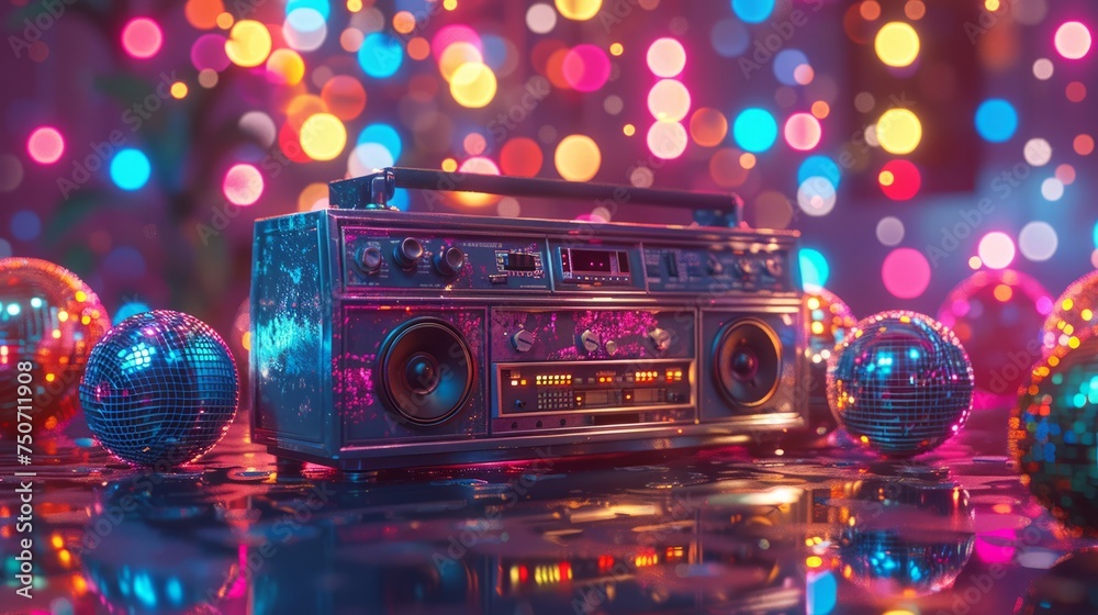 Electric nostalgia blast with a classic boombox amidst neon lights and ...