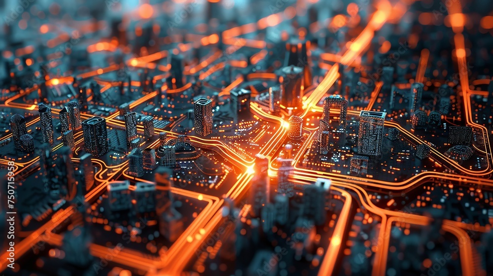 Interactive city grid with glowing traffic nodes and dynamic route ...