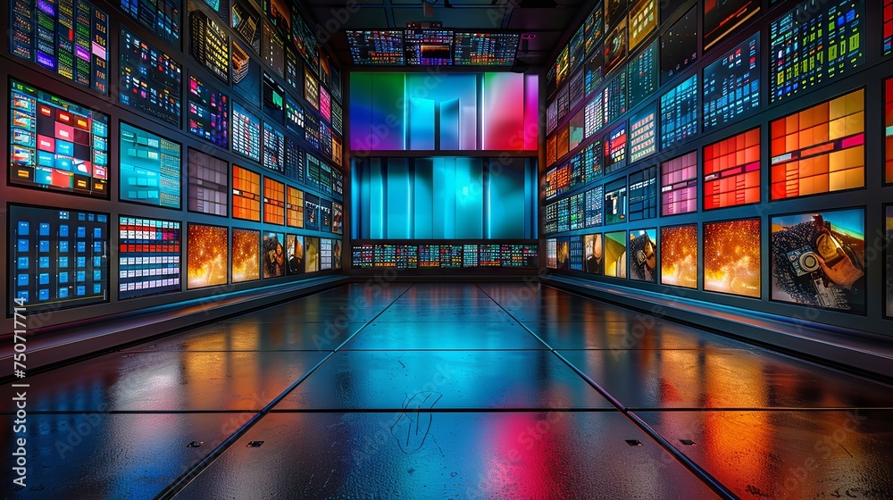 Behind the scenes view of a broadcast control room, filled with ...