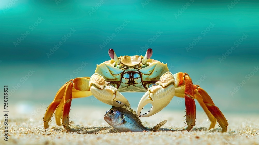 Close up photo of a crab grabbing a small fish to eat on the beach ...