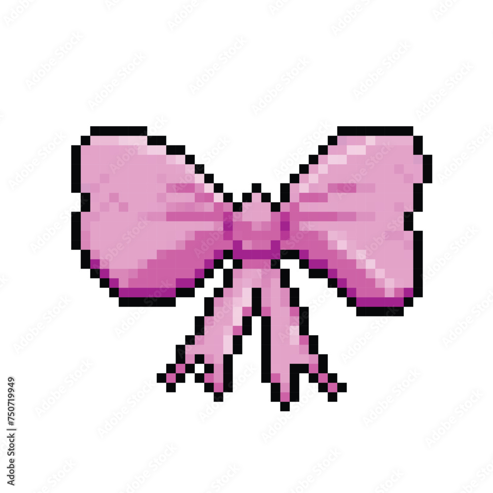 Pink girly hair clip ribbon front view. Pixel art retro vintage video ...