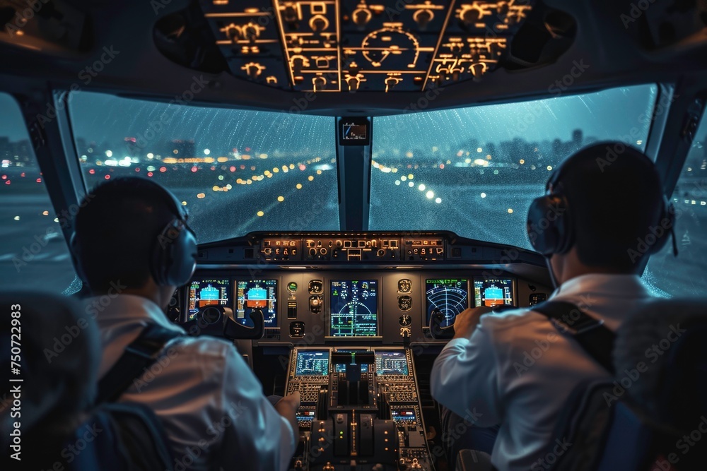 Transportation concept Rear view of pilot and copilot in private jet ...