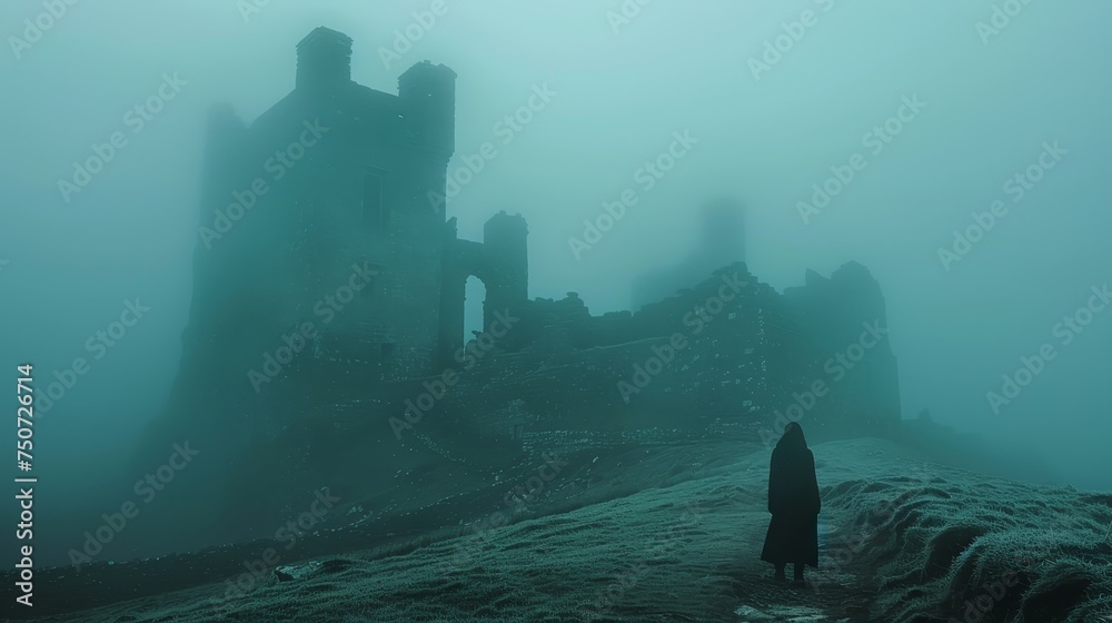 A solitary figure stands before the brooding silhouette of mysterious ...