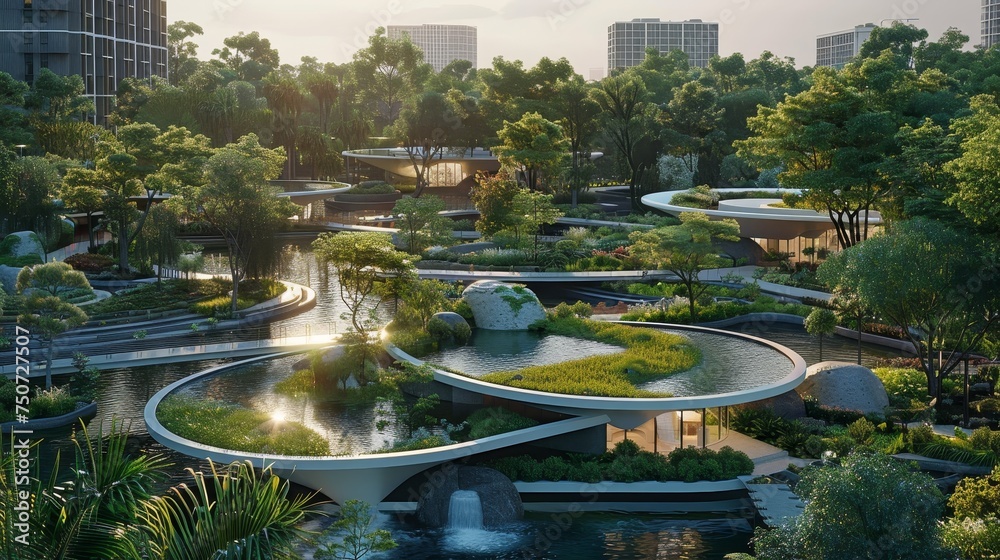 An eco-friendly urban park with futuristic curved pathways, lush ...