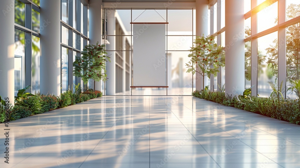 roll up mockup poster stand in against clean hall with big glass ...