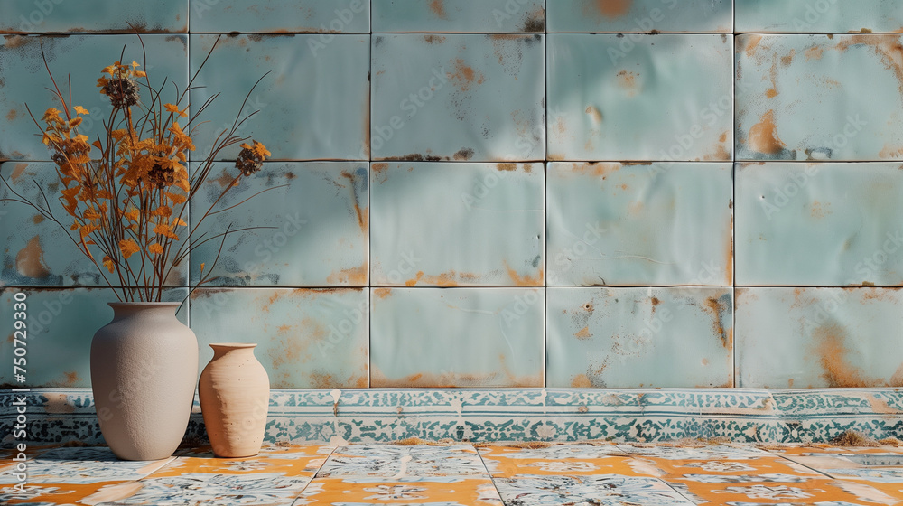 Vintage rusty tiles with old wooden plate and on majolica brick wall ...
