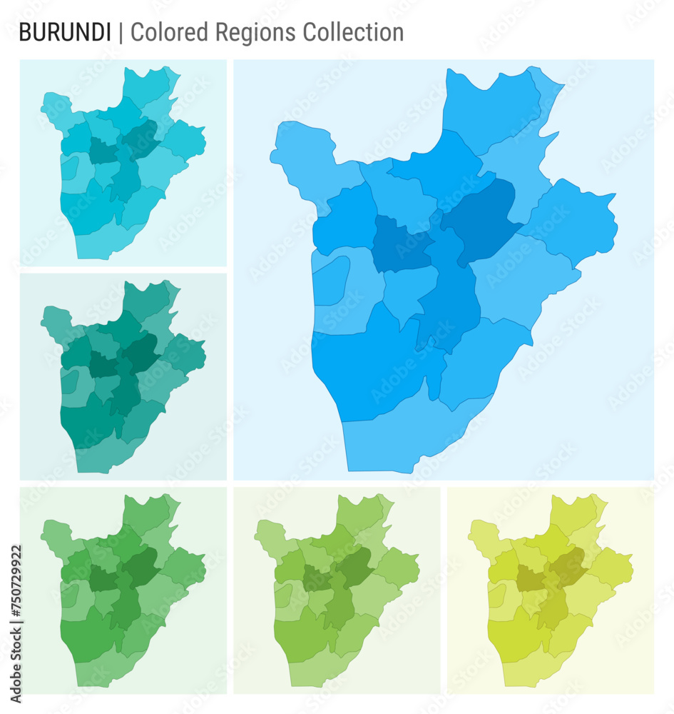 Burundi map collection. Country shape with colored regions. Light Blue ...