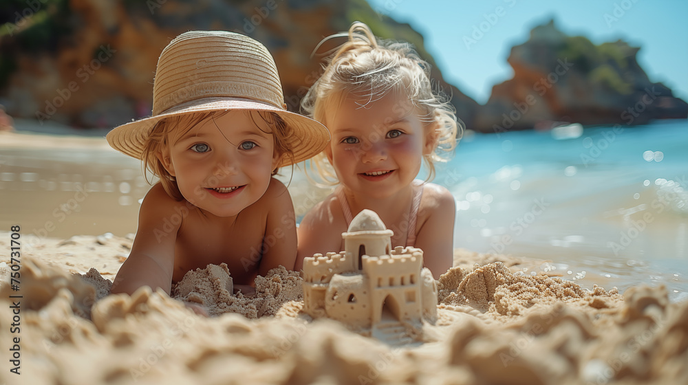 Two adorable little girls playing with sand and building castle on ...