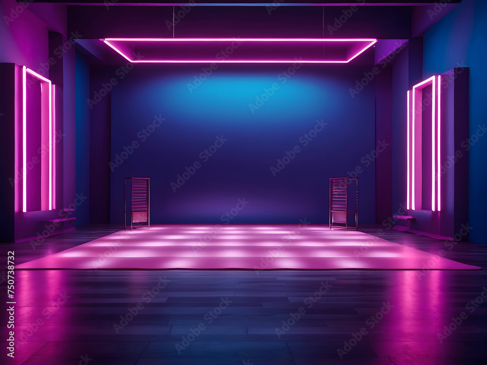 Neon dark stage shows an empty room neon light spotlights dark blue ...