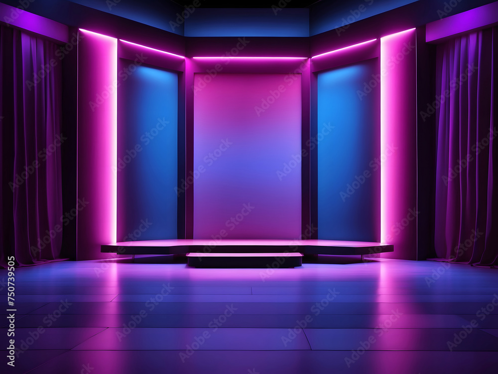 Neon dark stage shows an empty room neon light spotlights dark blue ...