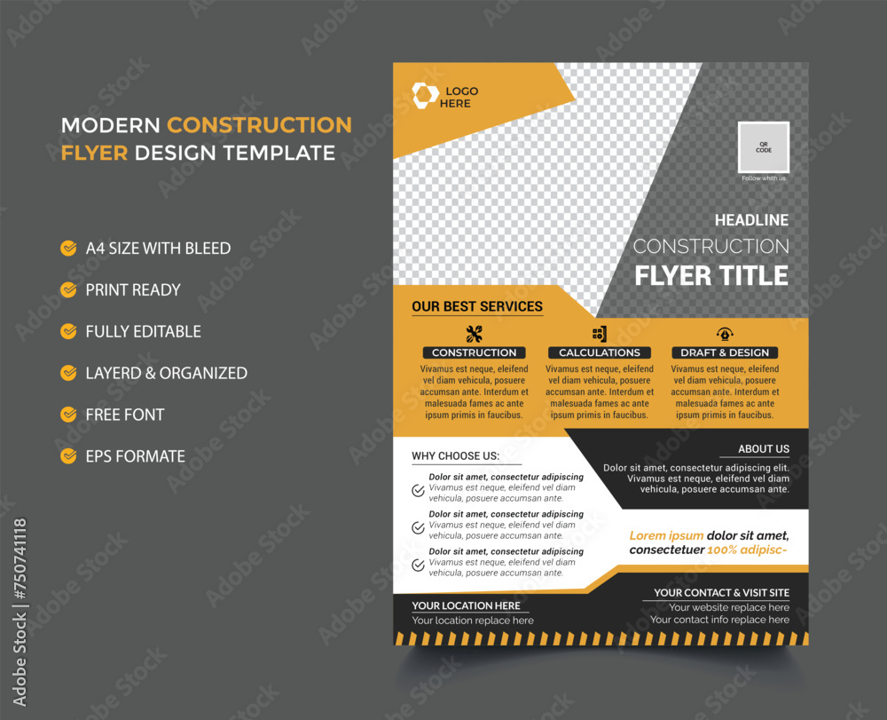 Modern and clean construction flyer A4 template, Corporate tools cover ...