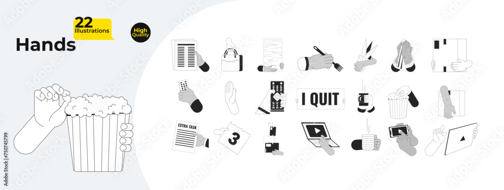 Everyday life cartoon hands outline illustration bundle. Multicultural ...