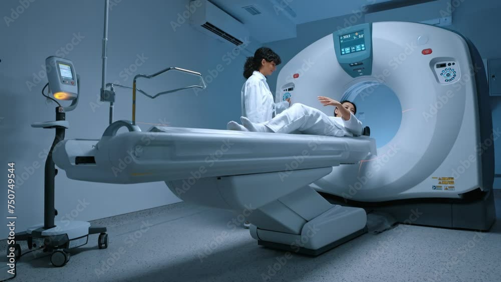 Medical equipment. Neurologist doctor and patient in MRI room at ...