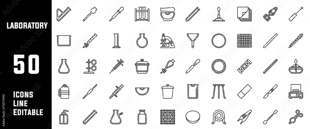 50 Laboratory icons set. Containing experiment, test tube, microscope ...