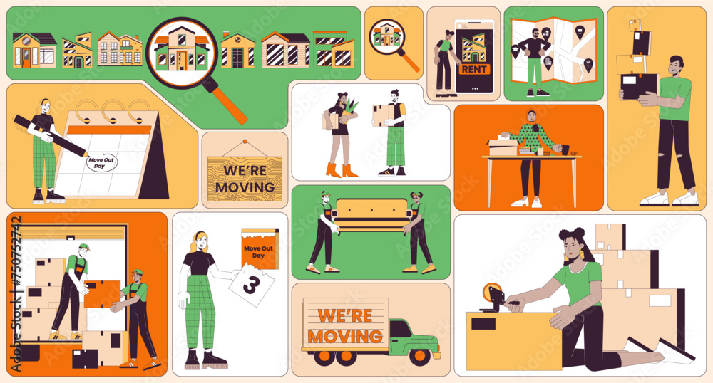Relocation moving bento grid illustration set. Loading van, rental app ...