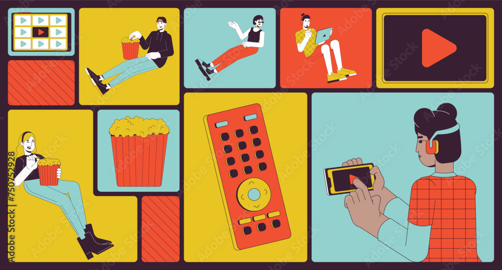 Millennials relaxing with streaming platform bento grid illustration ...