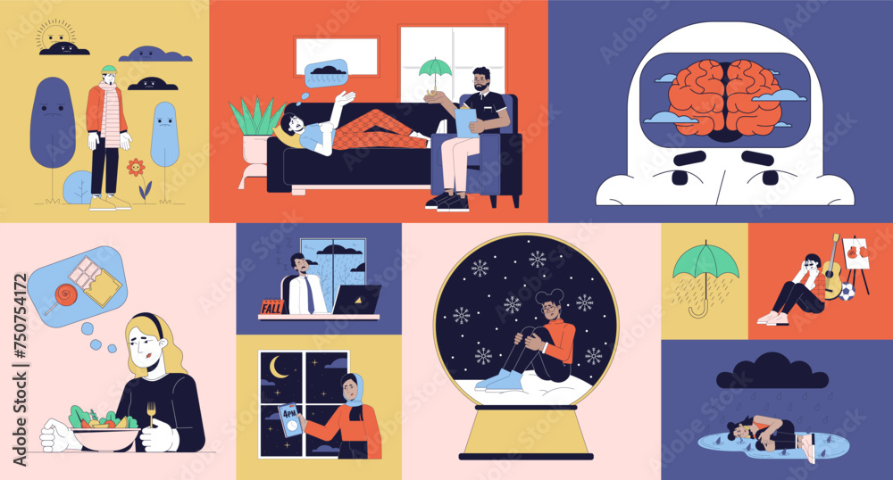 Seasonal affective disorder bento grid illustration set. Emotional ...