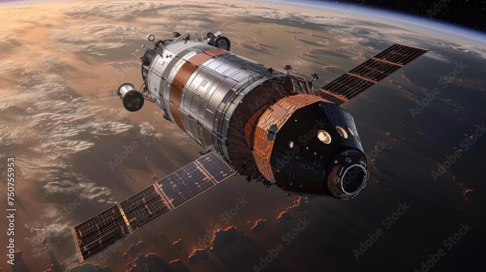 Orbital Docking Maneuver: Spacecraft Nearing Martian Station with ...