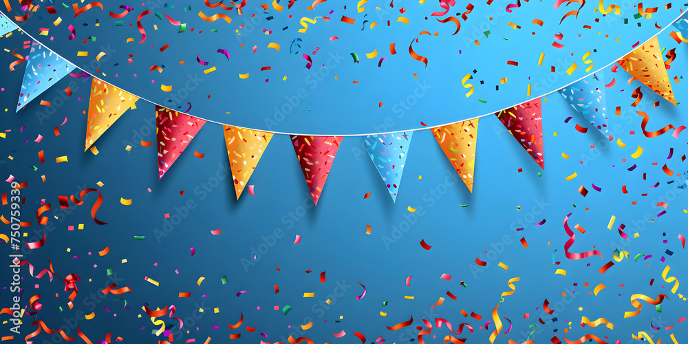 birthday pennant and confetti design on flat background Party ...