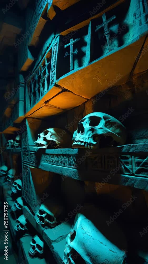 dark catacombs beneath an ancient city, skeletons lining the walls in ...
