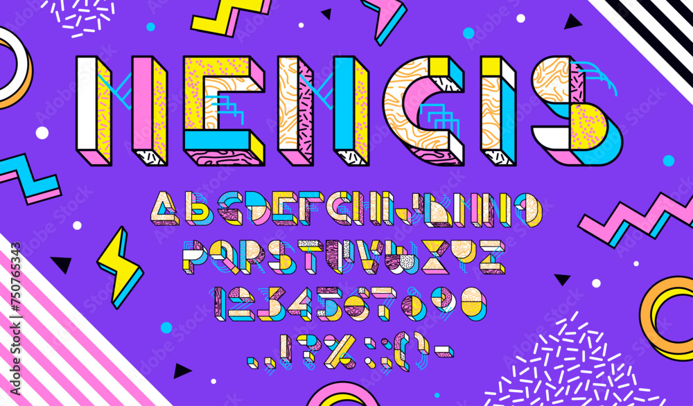 3d memphis abstract font, block type, geometric typeface, traditional ...