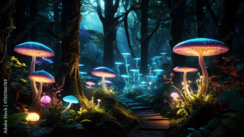 Walk through an enchanted forest where bioluminescent plants and ...
