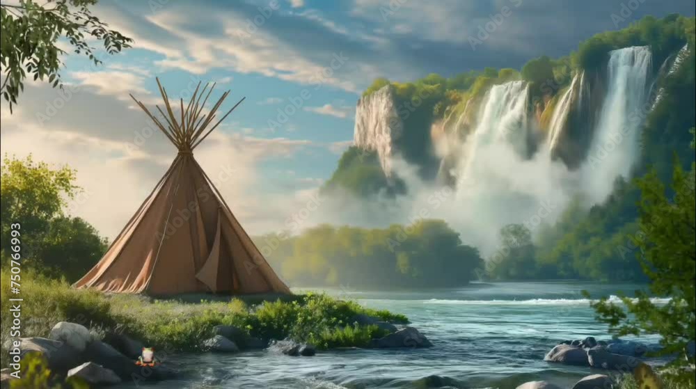 Native Indian tribal tent in the forest with waterfalls. Seamless ...