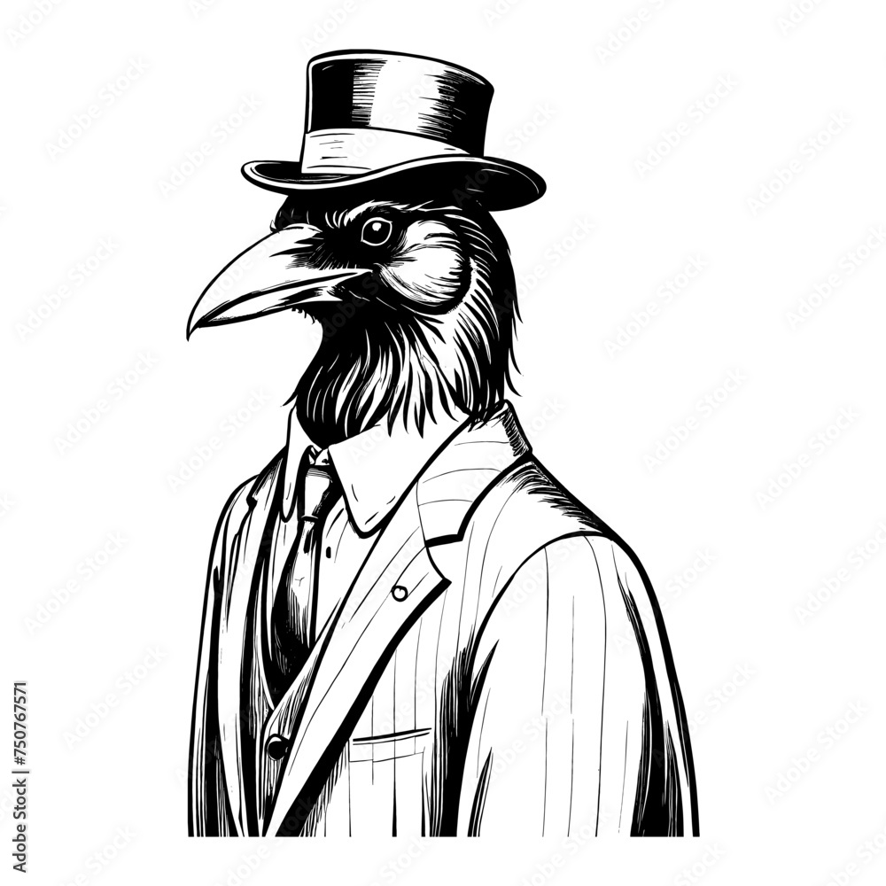 Crow Wearing Business Suite and Hat Old Retro Vintage Engraved Ink ...