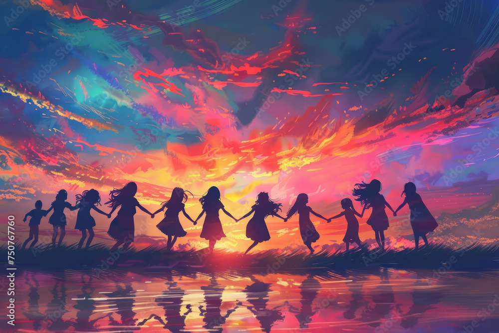 Silhouettes of a group of young girls holding hands in a circle ...