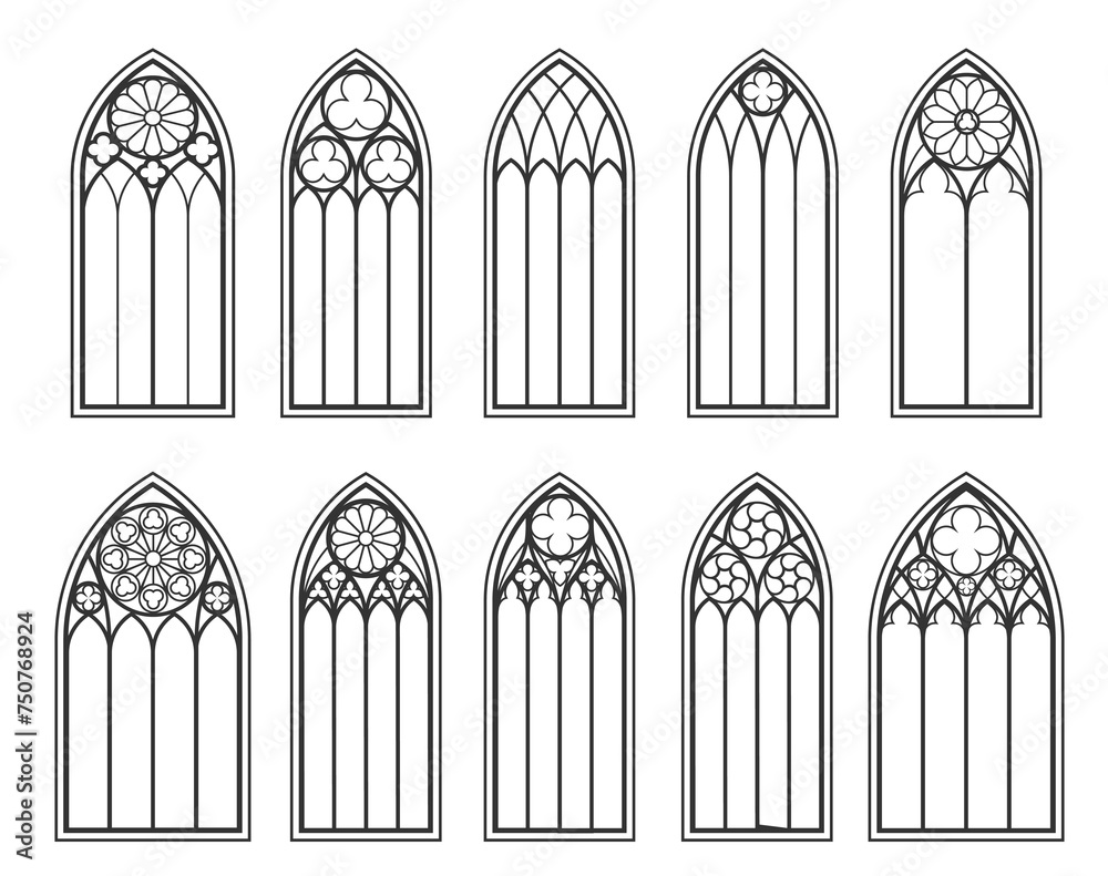 Catholic gothic church windows and medieval arch, isolated vector ...
