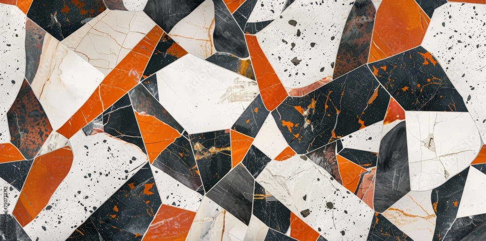 A detailed view of an intricate orange and black mosaic pattern. The ...