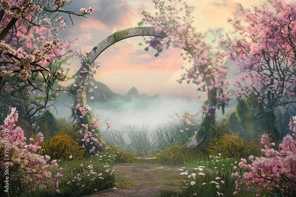 Fantasy garden scene with blooming trees and magical meadow Creating an ...
