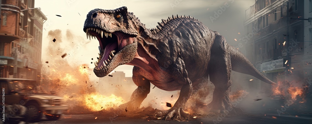 Tyrannosaurus Rex dinosaur. Destruction of city street. Dangerous ...