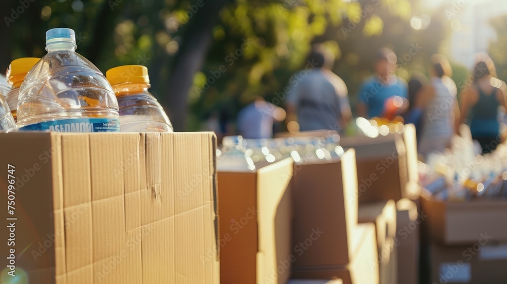 Volunteer food drive preparation with cardboard boxes full of canned ...