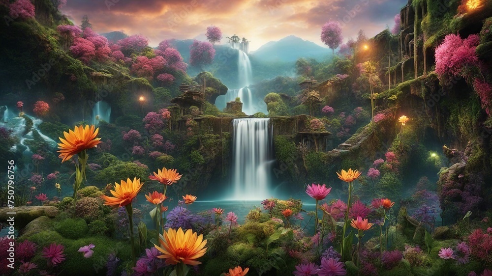 in the park mural of a cursed landscape, with poisonous flowers, spikes ...