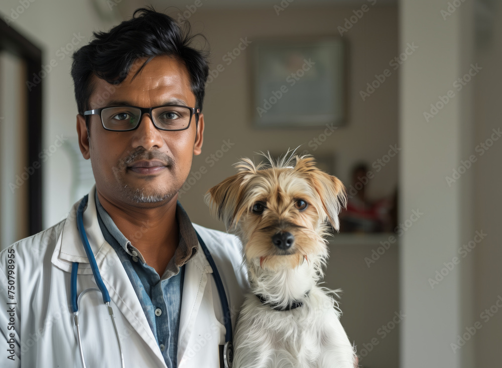 Young Indian man veterinarian smiling confident hugging dog at vet ...