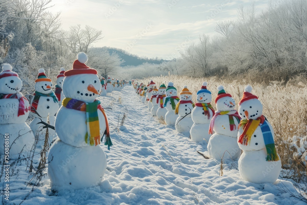 A lively scene of a group of snowmen standing tall and proud in the ...