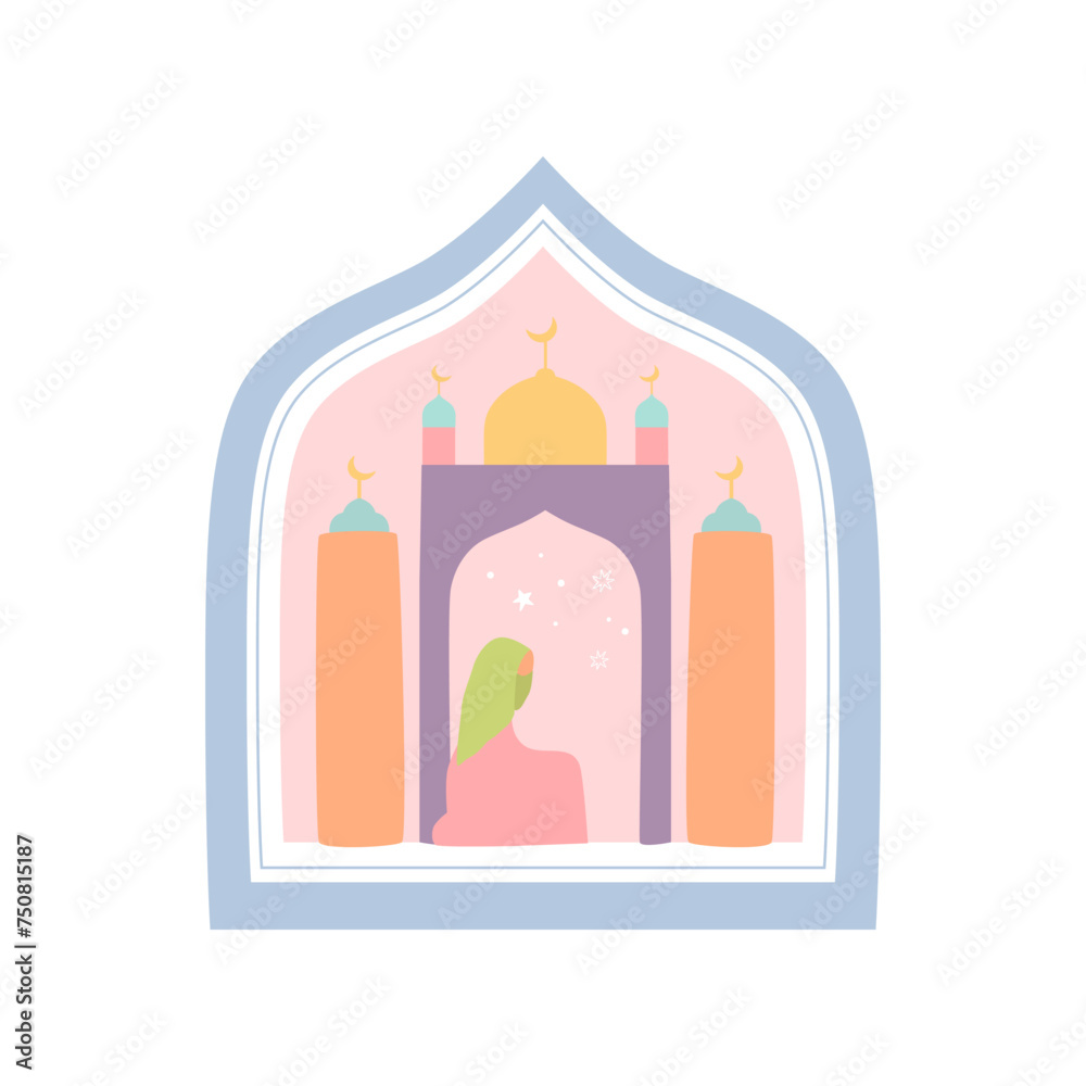Vetor de Hand drawn Muslim girl wears hijab praying salat on the ...
