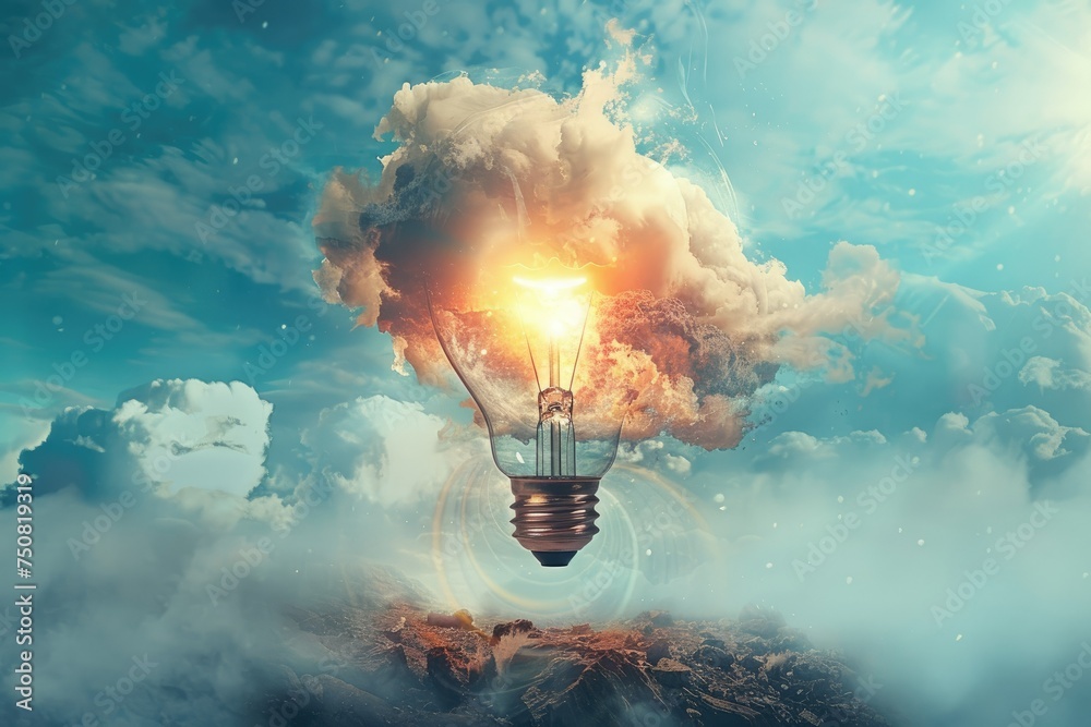 Lightbulb with exploding cloud effect - A fantastical scene of a ...